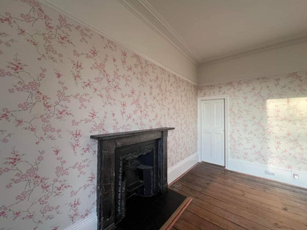 Bedroom Wallpapered in Laura Ashley Oriental Blossom Blush